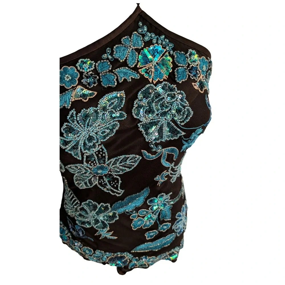 Scala | Tops | Vintage Scala Silk Halter Top Small Blue Beaded Floral ...